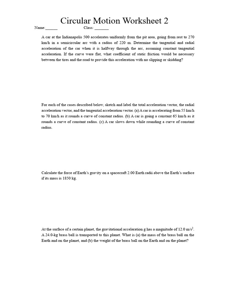 Circular Motion Worksheet 2 | PDF | Acceleration | Orbit