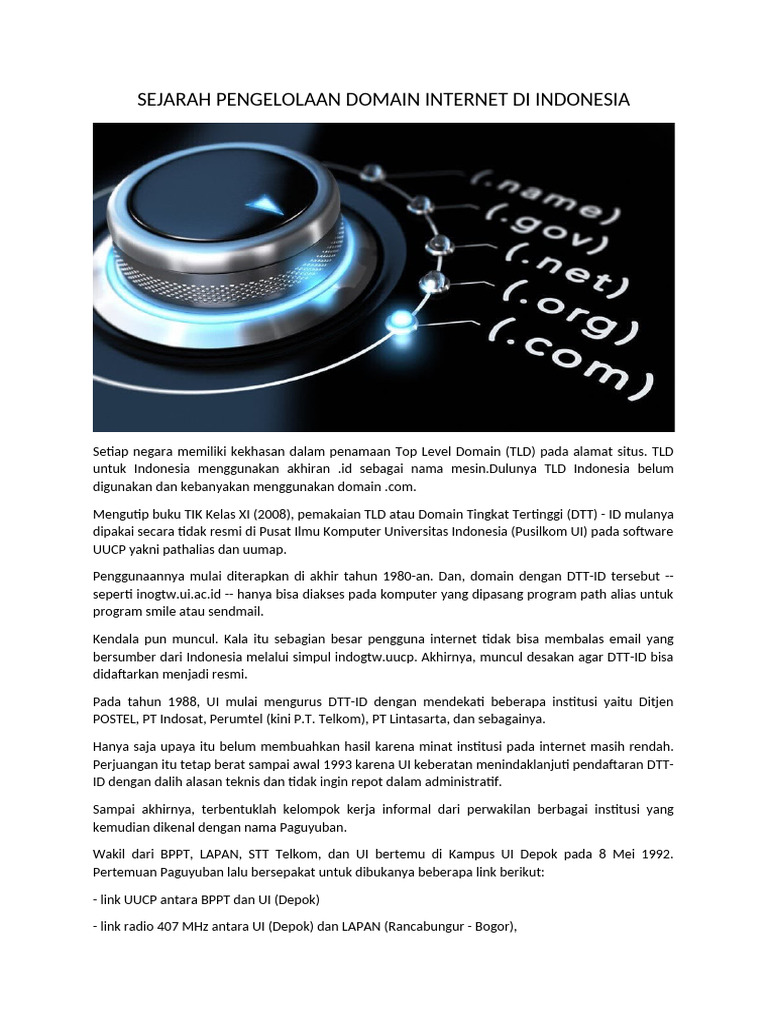 Sejarah Pengelolaan Domain Internet Di Indonesia | PDF