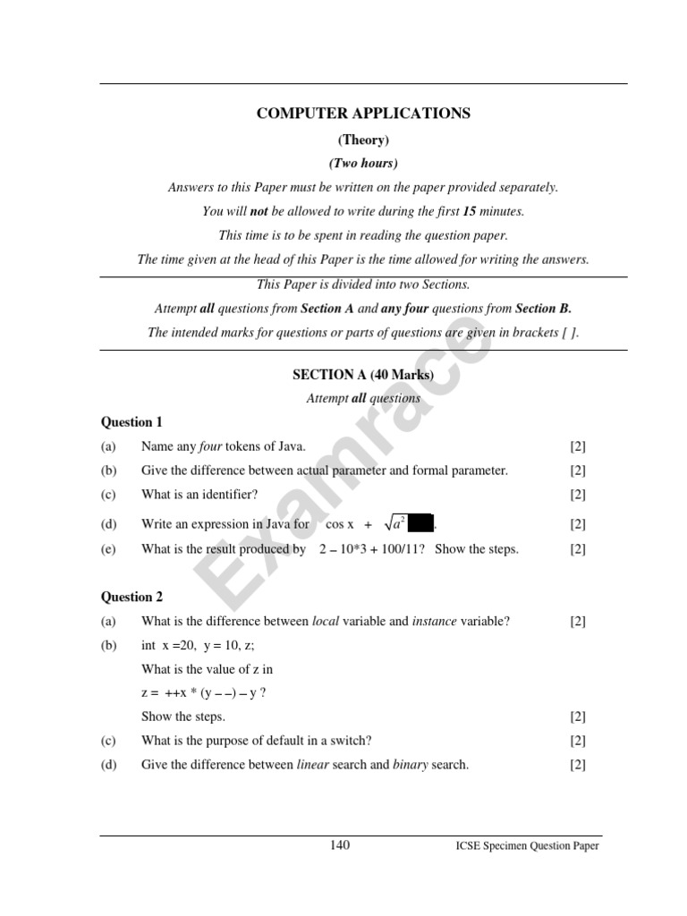 ICSE Class 10 Computer Applications 2013 Specimen | PDF | Parameter (Computer Programming ...