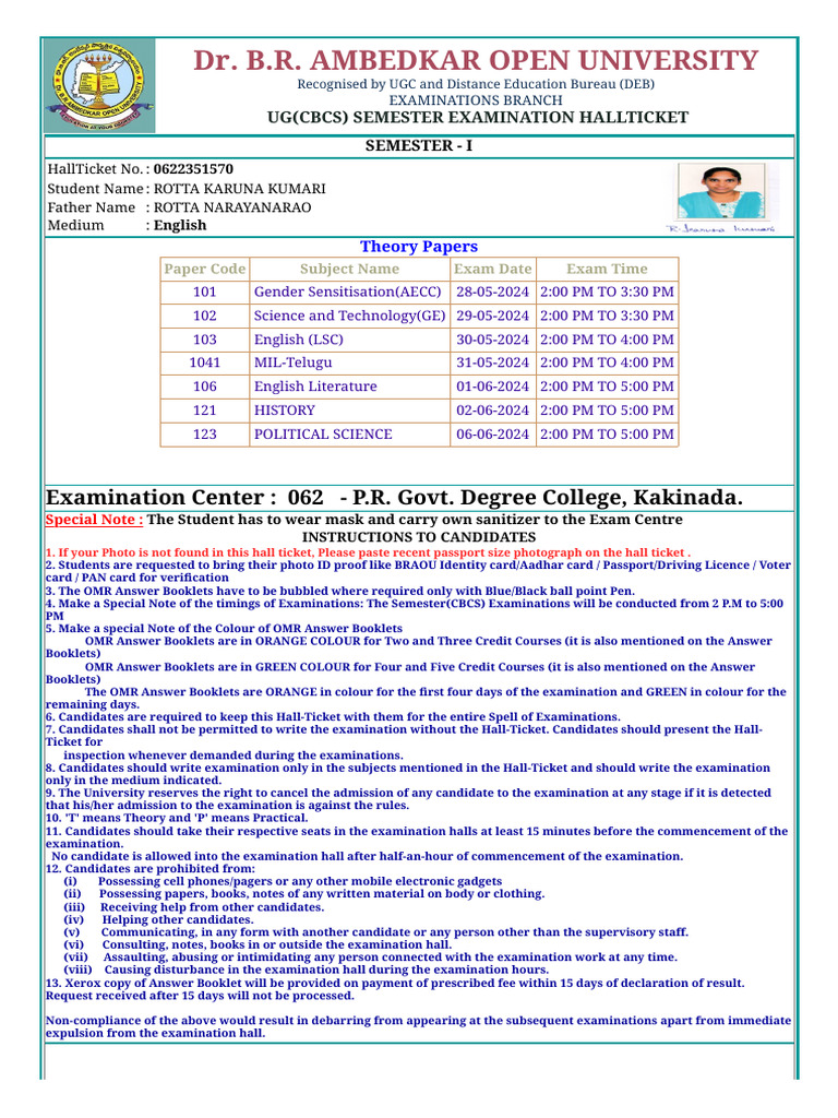 Braou Ug(Cbcs) Hallticket | PDF | Government And Personhood