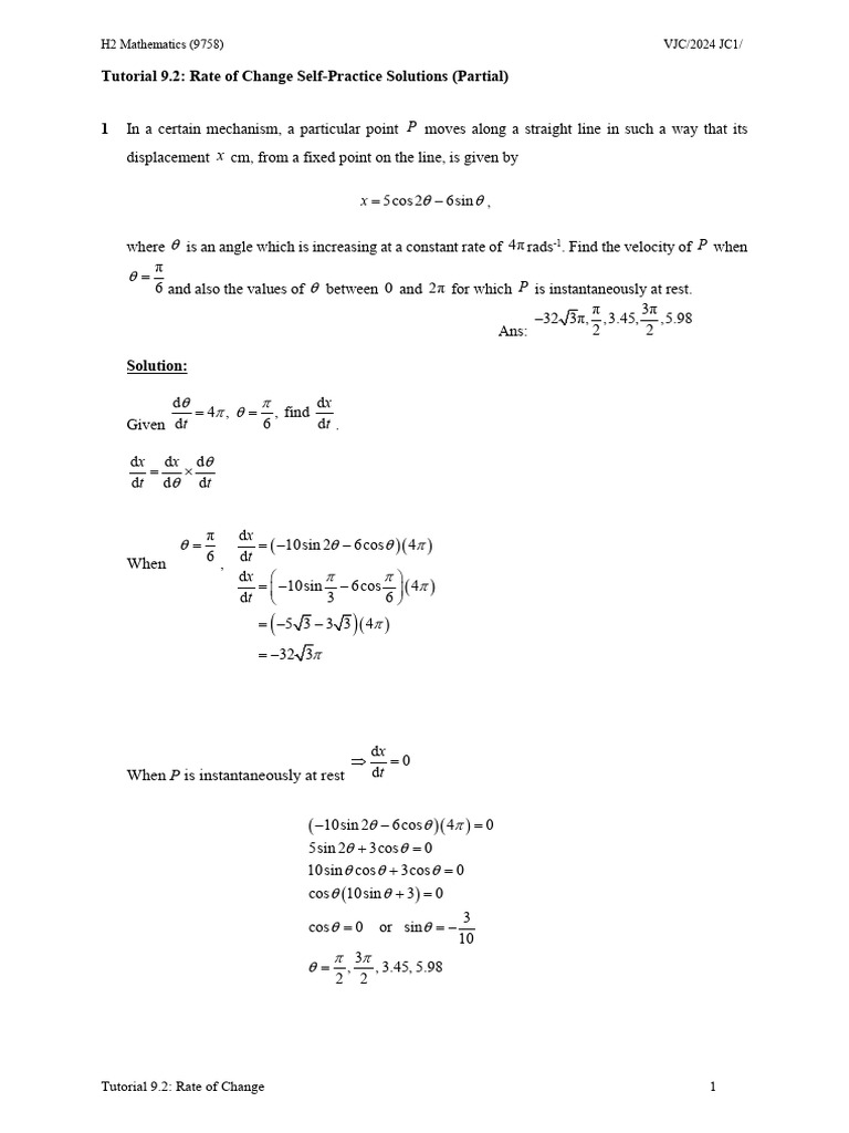 Chap 9.2 Rate of Change Self Practice Solutions | PDF | Mechanics ...