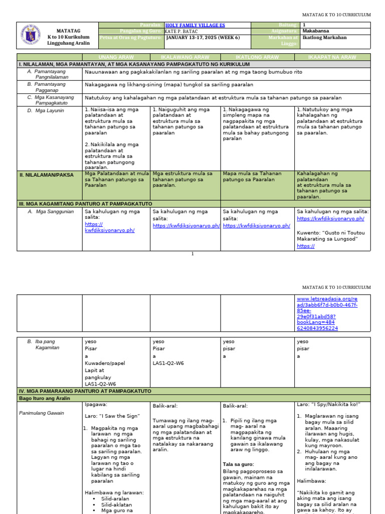 DLL Matatag - Makabansa 1 - Q3 - W6 | PDF