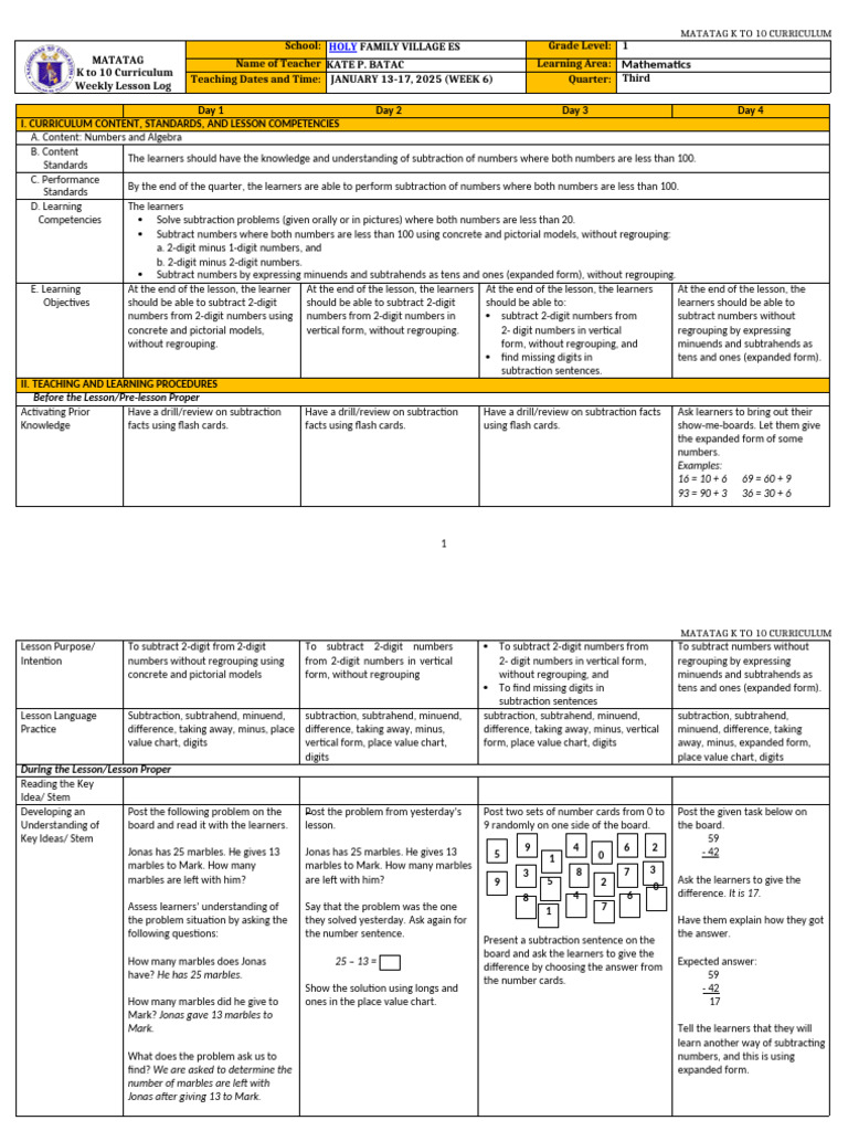 DLL Matatag - Mathematics 1 Q3 - W6 | PDF | Subtraction | Mathematics