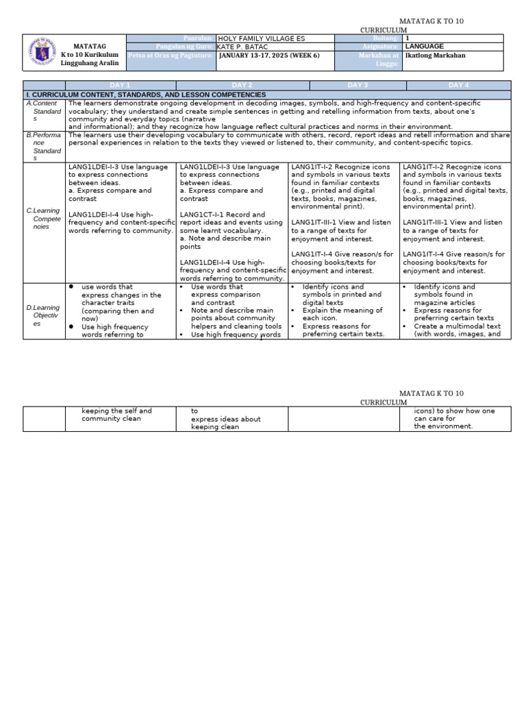 DLL Matatag - Language 1 - Q3 - W6 | PDF | Vocabulary | Human Communication
