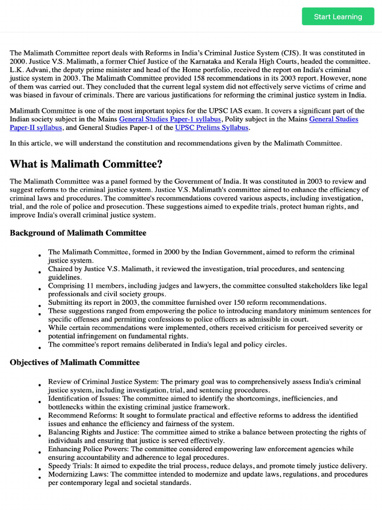 Malimath Committee - History, Objectives and Recommendations | PDF