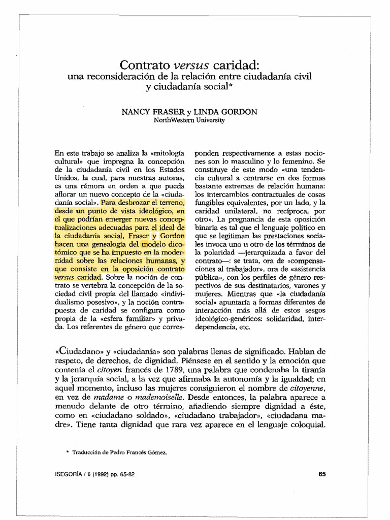 N. Fraser. Gordon. Contrato Vs Caridad | PDF | Ciudadanía | Libertad