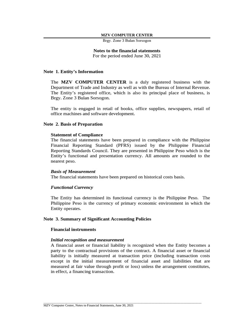 MZV Computer Center Notes To FS | PDF | Depreciation | Risk