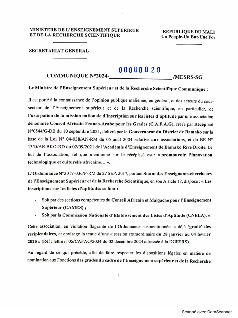 Communiqu N 020 | PDF