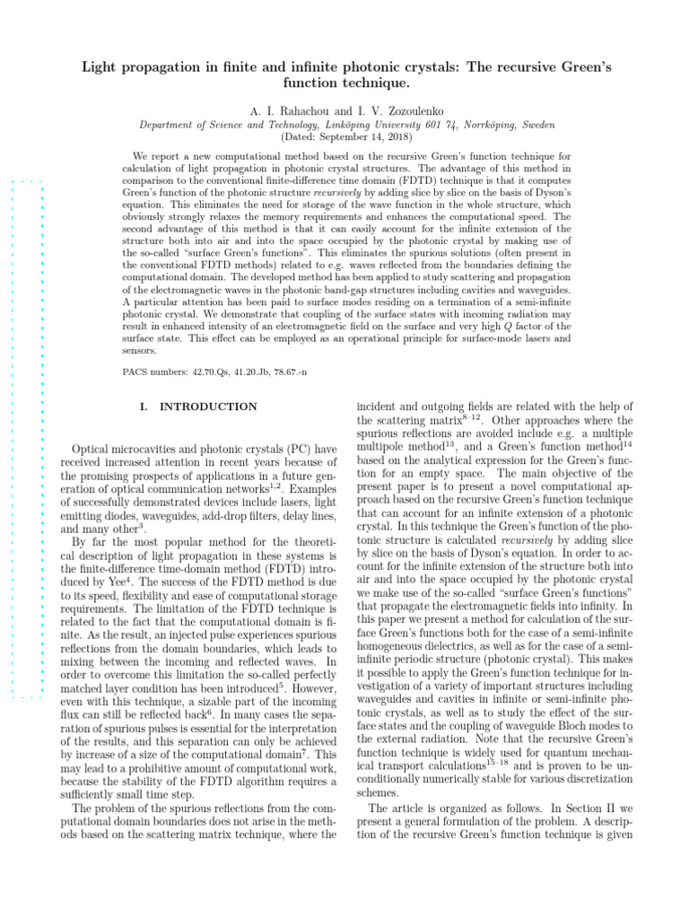 Light Propagation in Nite and in Nite Photonic Crystals: The Recursive Green's | PDF | Waves ...