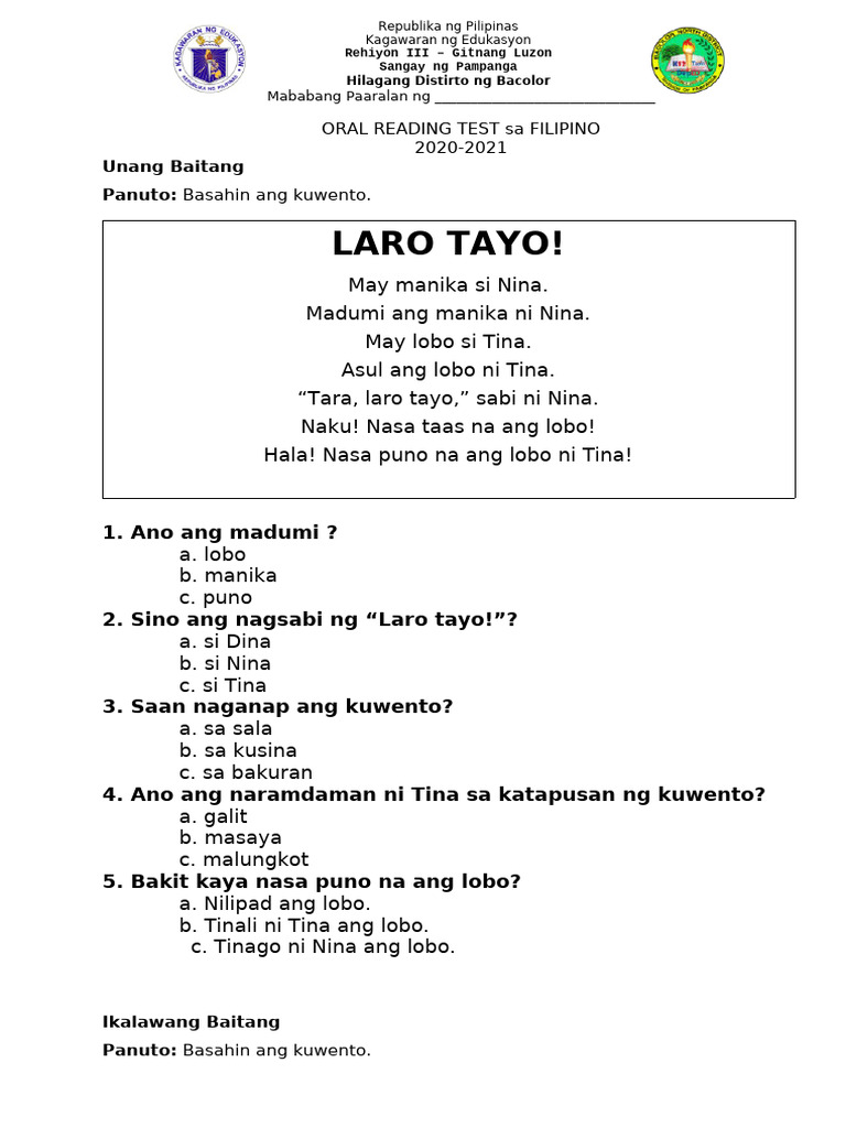 Passage Oral Reading Learners 2020 2021 | PDF