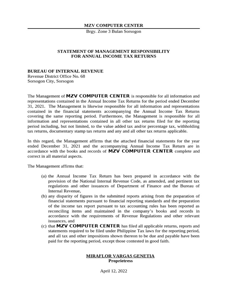 STATEMENT OF MANAGEMENT RESPONSIBILITY FOR ITR MZV 2021 | PDF | Taxes ...