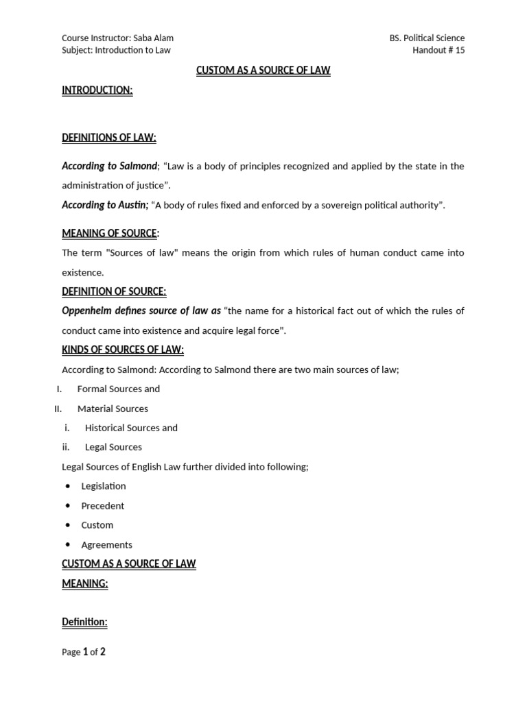 Custom as a Legal Source Explained | PDF | Sources Of Law | Justice