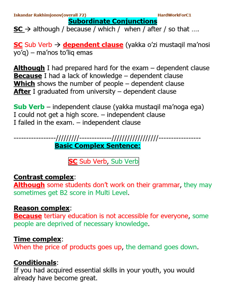 Subordinate Conjunctions | PDF