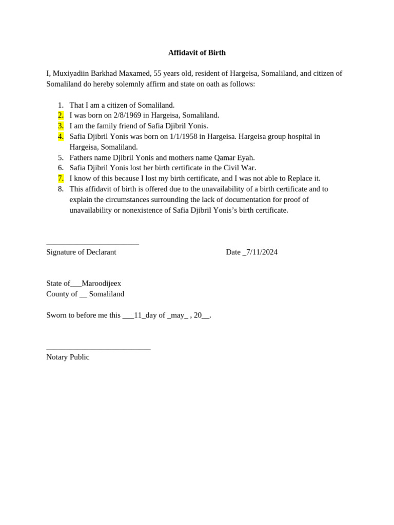 GANI1 Affidavit of Birth - Template | PDF