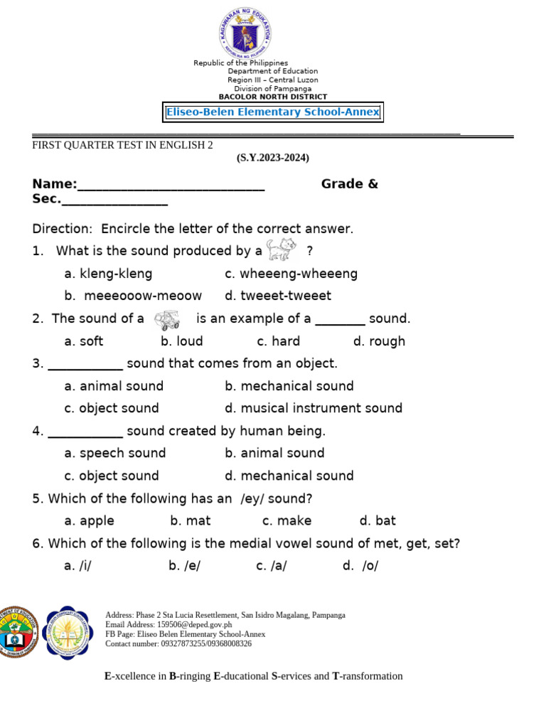 English 2 First Quarter Test 2023-2024 | PDF | Linguistics | Languages