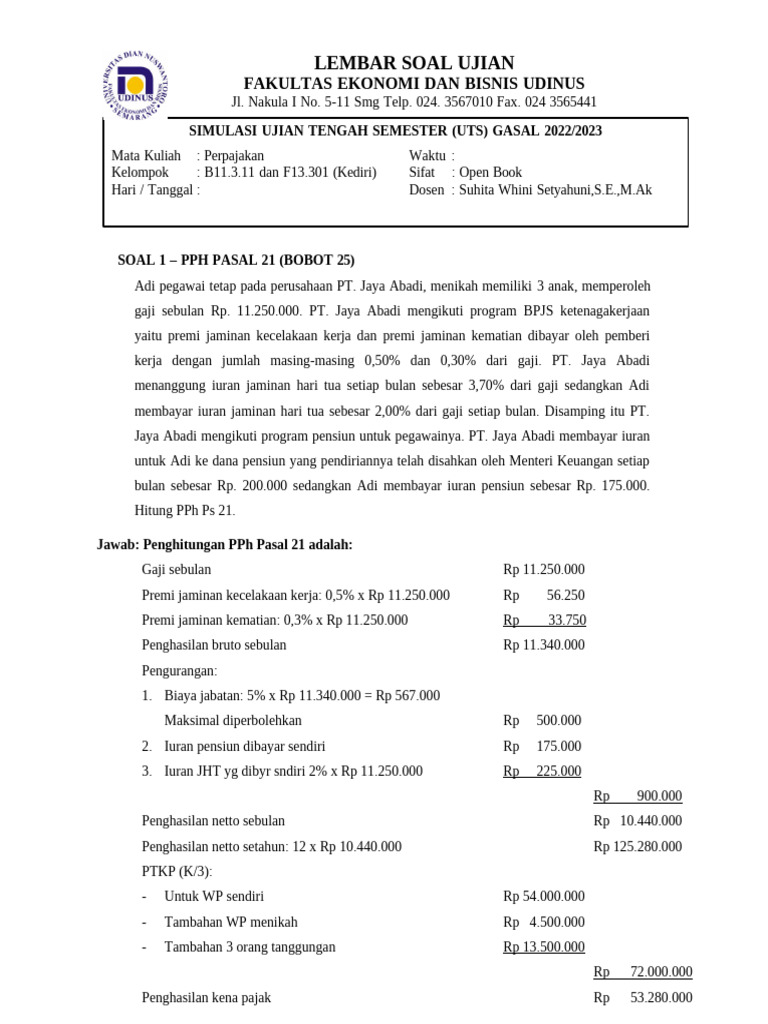 Simulasi Uts Perpajakan 2022-2023 | PDF