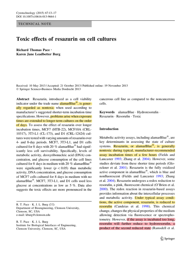 Resazurin Toxicity in Cell Cultures | PDF | Cytotoxicity | Student's T Test