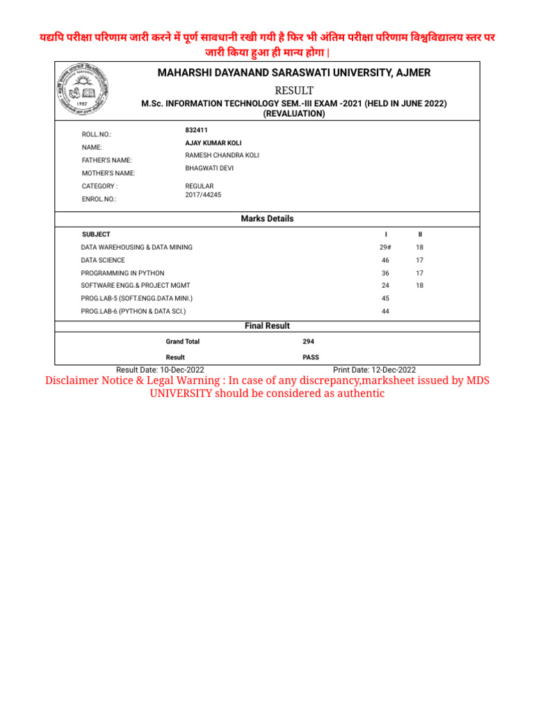 M.SC 3 Semseter Revel Result | PDF