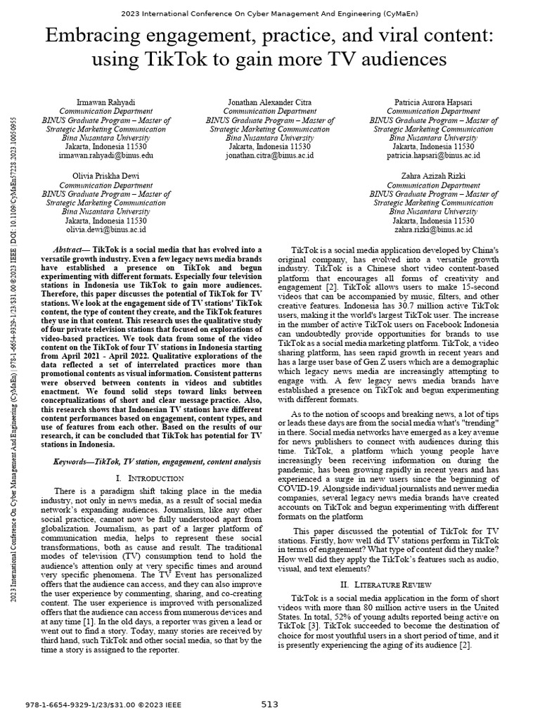 Embracing Engagement Practice and Viral Content Using TikTok To Gain More TV Audiences | PDF ...