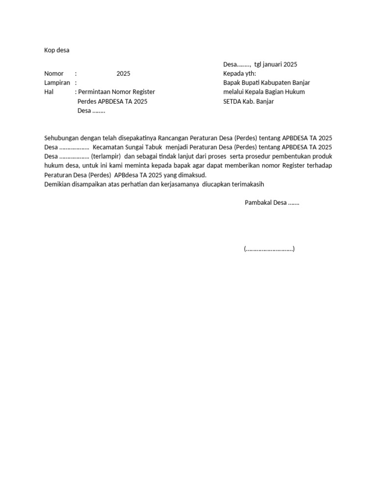 Permintaan Nomor Register Perdes APBDESA 2025 | PDF