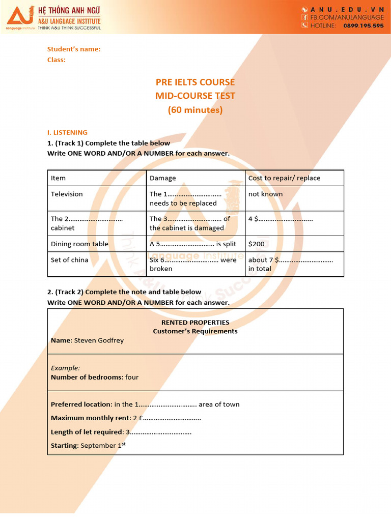 Pre IELTS - Mid-Course Test - Đề Bài Listening, Reading | PDF | Turtle ...