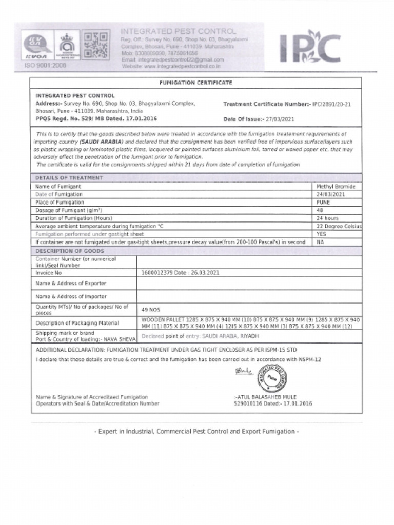 Other Documents - FUMIGATION CERTIFICATE | PDF