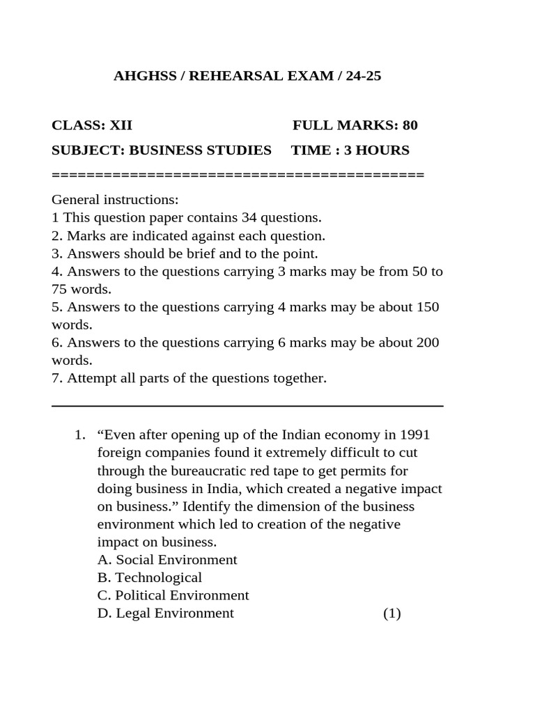 Xii BS Rehearsal Exam 2024-25 | PDF | Employment | Marketing