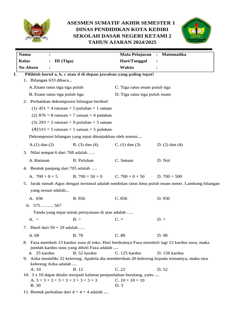 SAS 1 MTK Kelas 3 | PDF