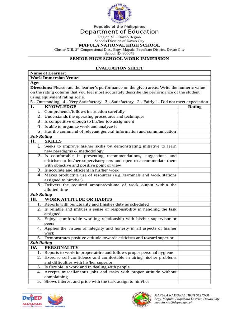 WORK IMMERSION - EVAL SHEET | PDF | Learning | Cognition