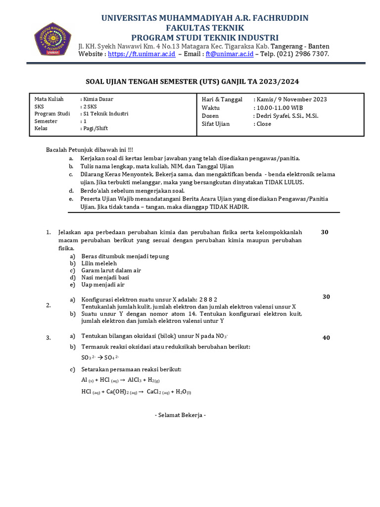SOAL_UTS_KimiaDasar | PDF
