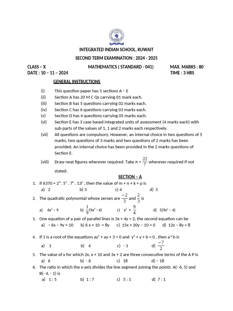 SECOND TERM EXAM MATHS QN PAPER FOR X - STANDARD- 2024 - 2025 | PDF | Circle | Mathematics