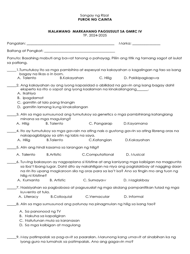 Grade 4-Q2 GMRC Periodical Test 2024 | PDF