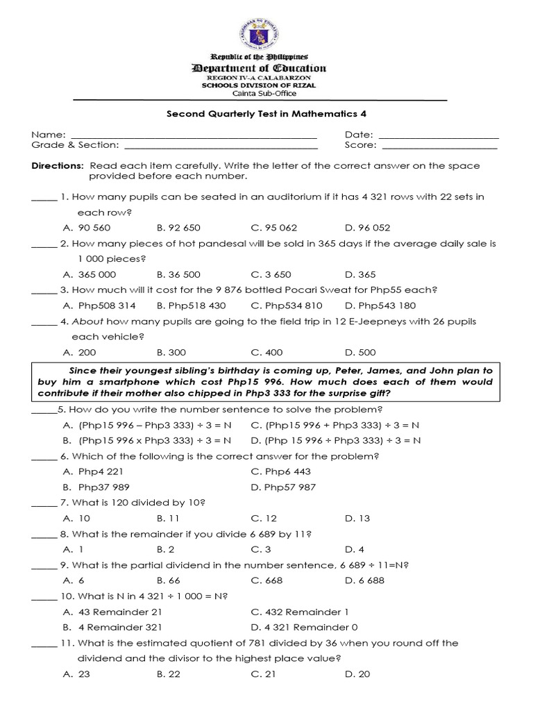 Q2 - Math 4 - SY 2024-2025 | PDF | Division (Mathematics) | Arithmetic