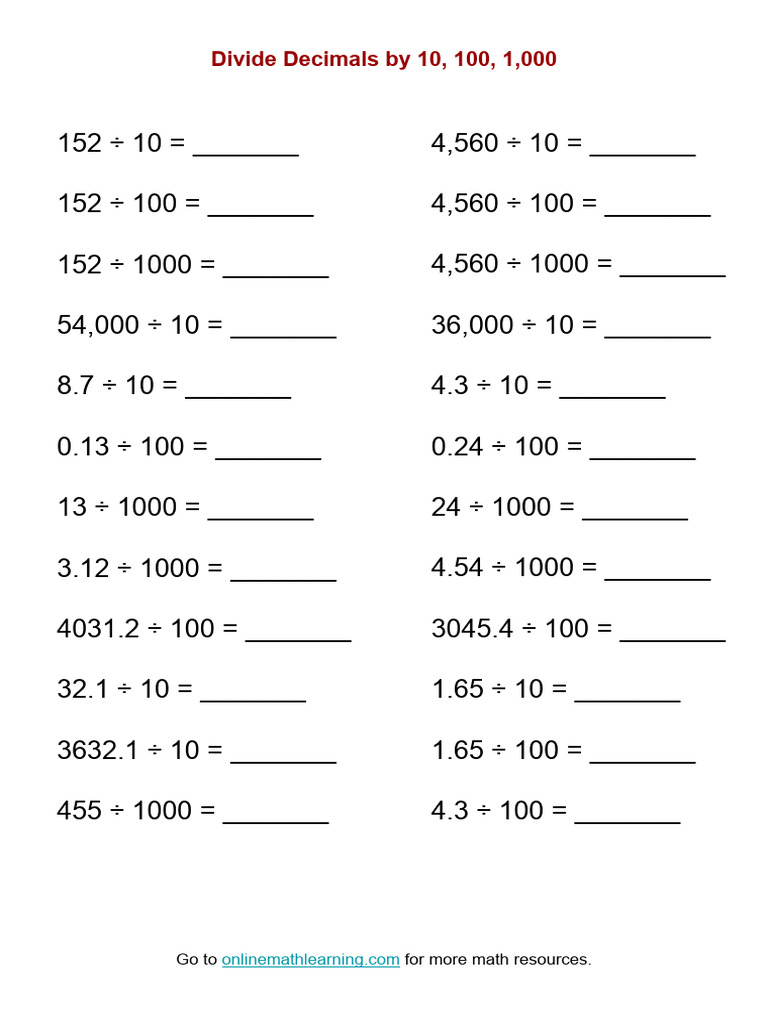 Divide Decimals by Powers of Ten | PDF