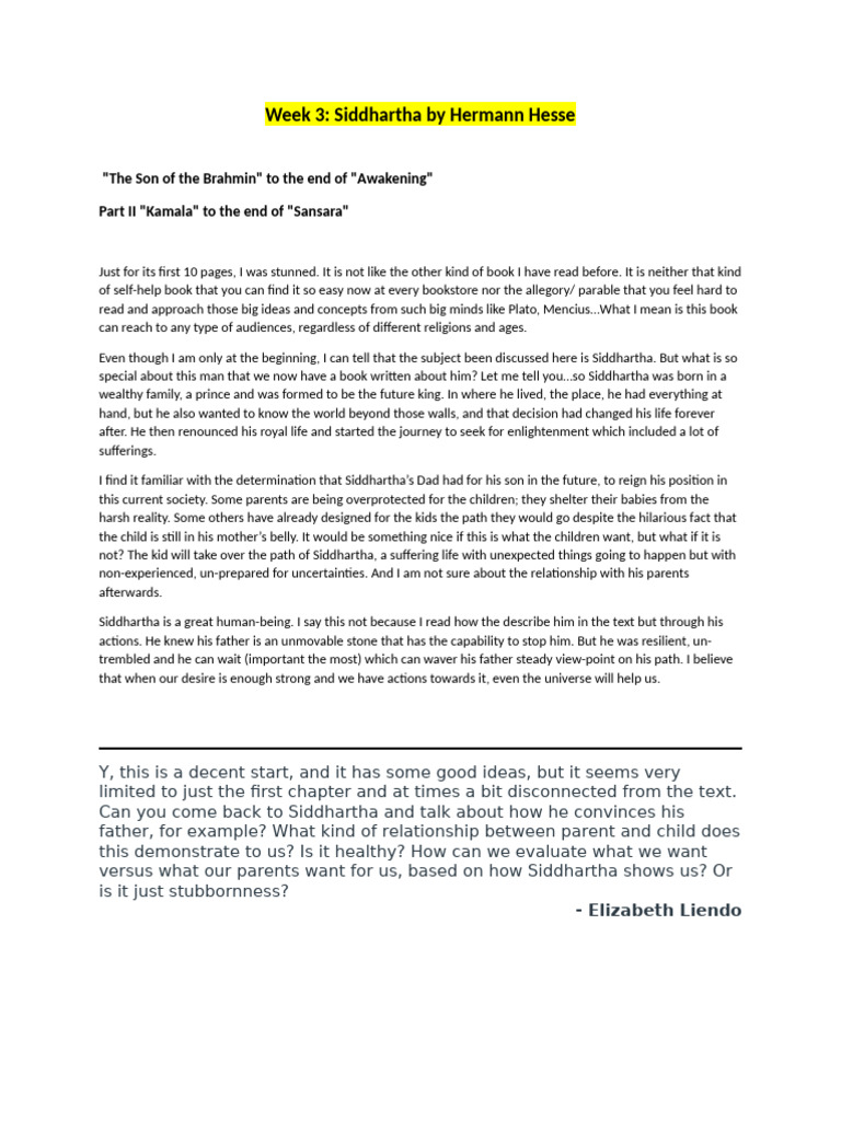 Reading Journal Week 3 - Siddhartha by Hermann Hesse | PDF