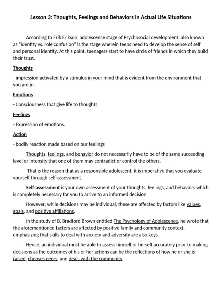 Lesson 3 Thoughts, Feelings and Behaviors in Actual Life Situations | PDF
