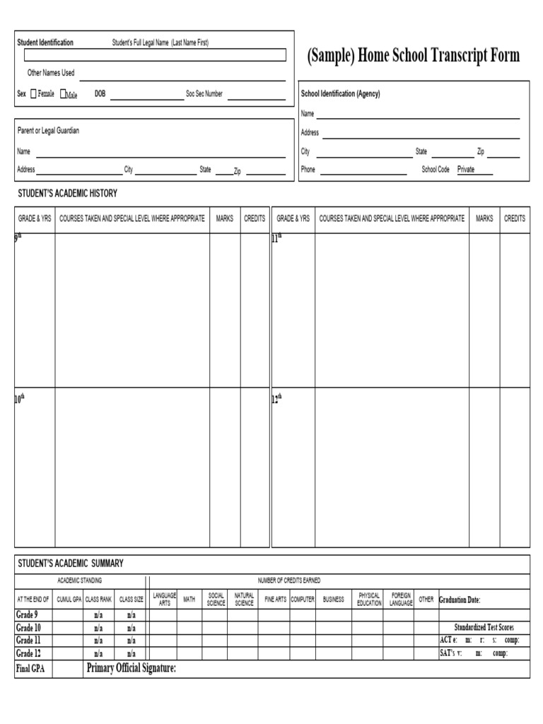 Home School Transcript Form | PDF | Student Assessment And Evaluation | Educational Stages