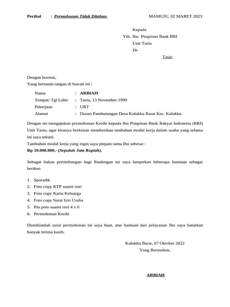 Permohonan Dana Kur Bri Unit Tasiu | PDF