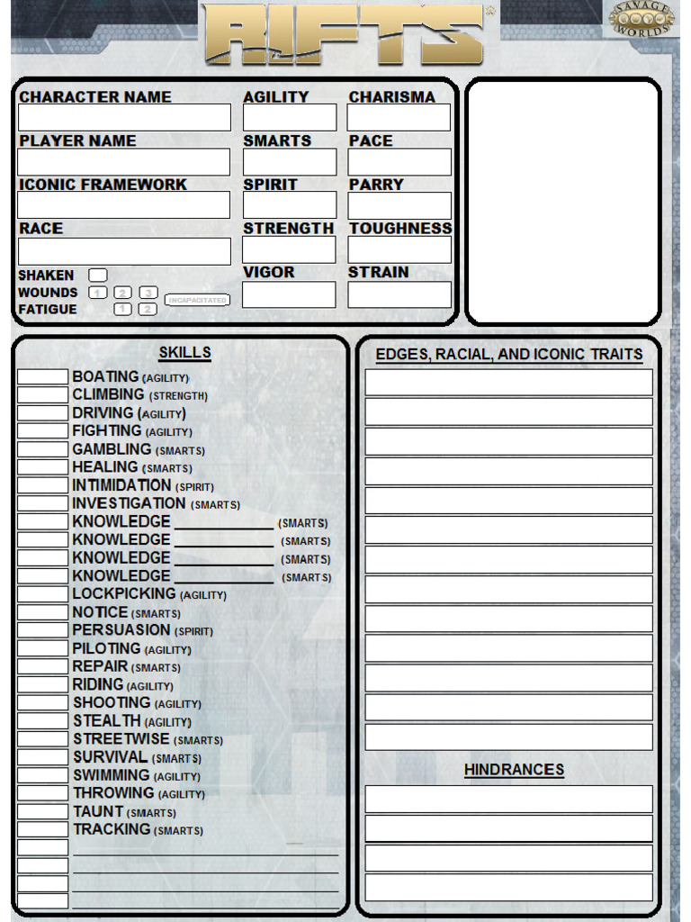Savage Worlds RPG PB Adventure Edition Rifts Character Sheet Basic | PDF