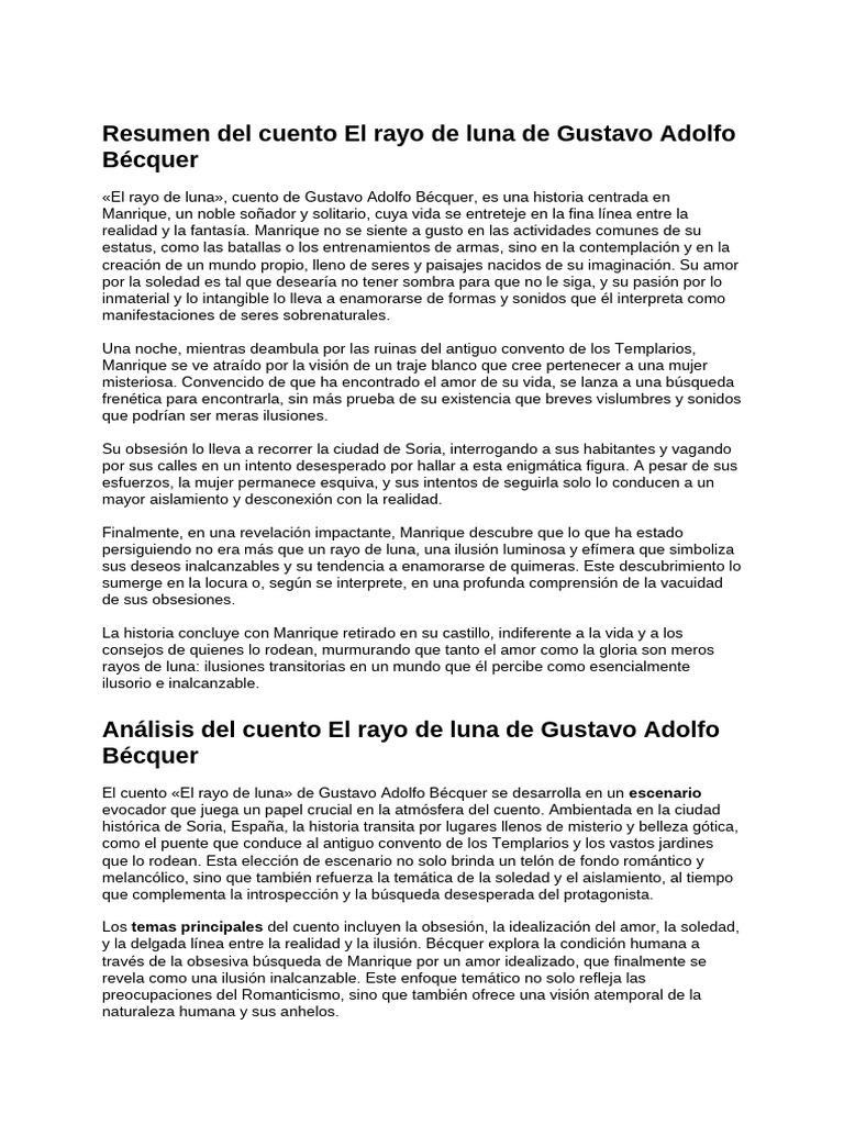 Resumen de "El rayo de luna" de Bécquer | PDF | Amor | Simbolismo (Artes)