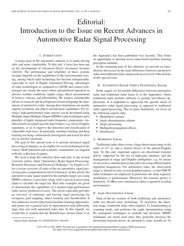 Editorial Introduction To The Issue On Recent Advances in Automotive ...