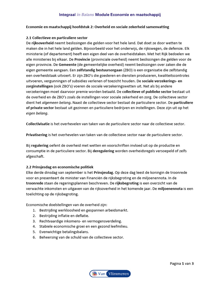 Samenvatting Hoofdstuk 2 Overheid en Sociale Zekerheid | PDF