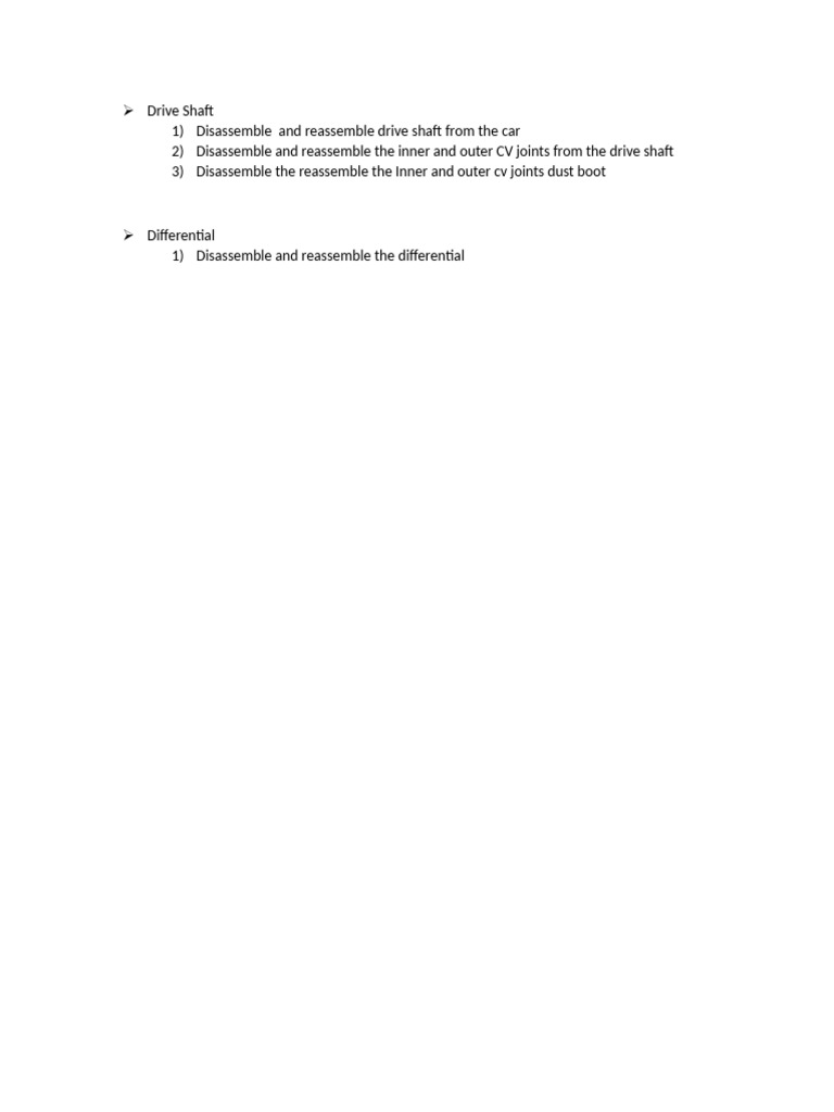 Drive Shaft & Differential Practical Sheet | PDF