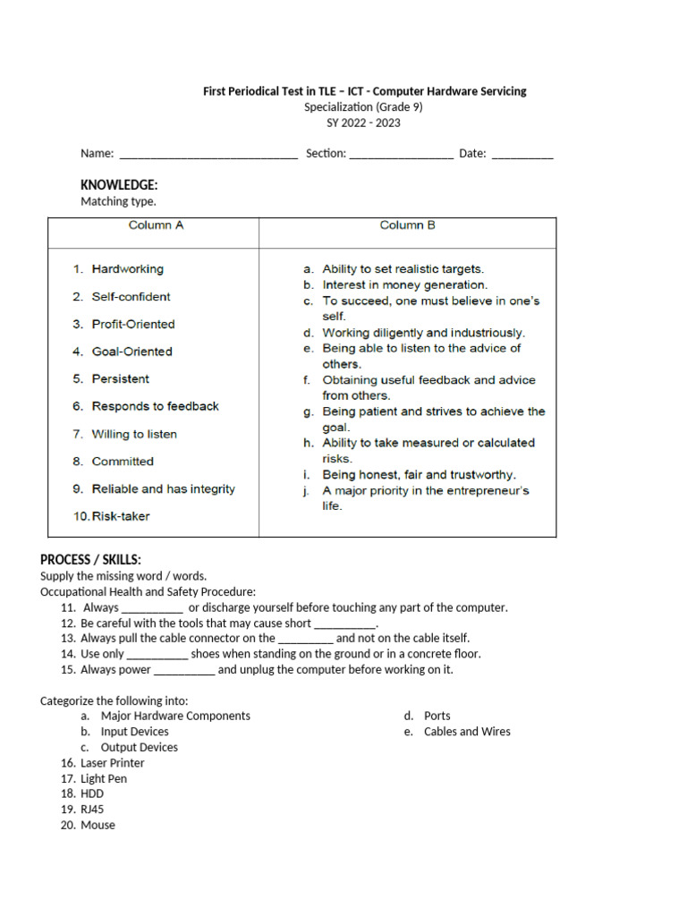 PT - Tle 9 - Q1 | PDF | Computing | Computer Architecture