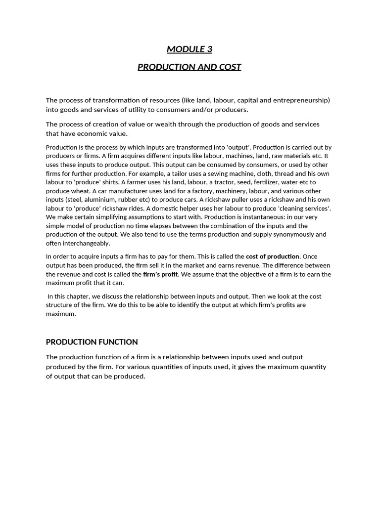MODULE 3 - Production | PDF | Production Function | Economics