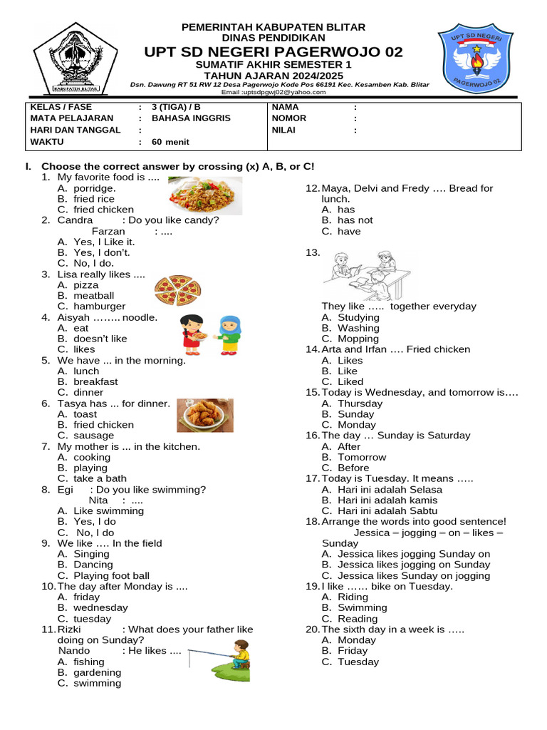 Soal Bahasa Inggris Kelas 3 Semester 1 | PDF | Food And Drink Preparation | Cooking
