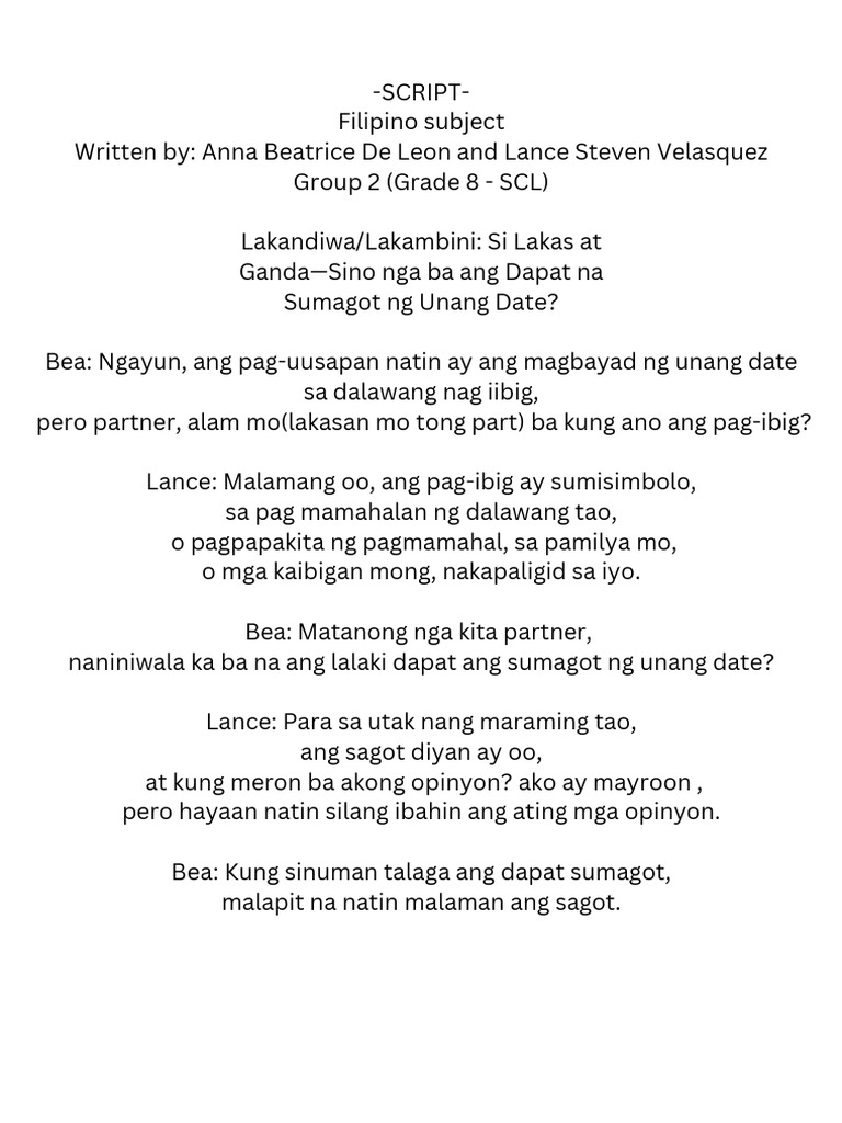 SCRIPT Filipino Balagtasan | PDF