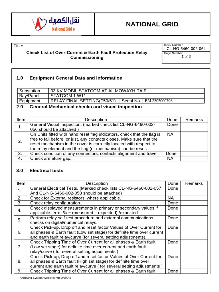 CL-NG-6460-002-064 Checklist For OC & Earth Fault Prot Relay Rev00 ...