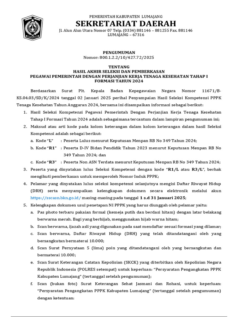 Pengumuman Hasil Seleksi Kompetensi PPPK Nakes Tahap I 2024 | PDF