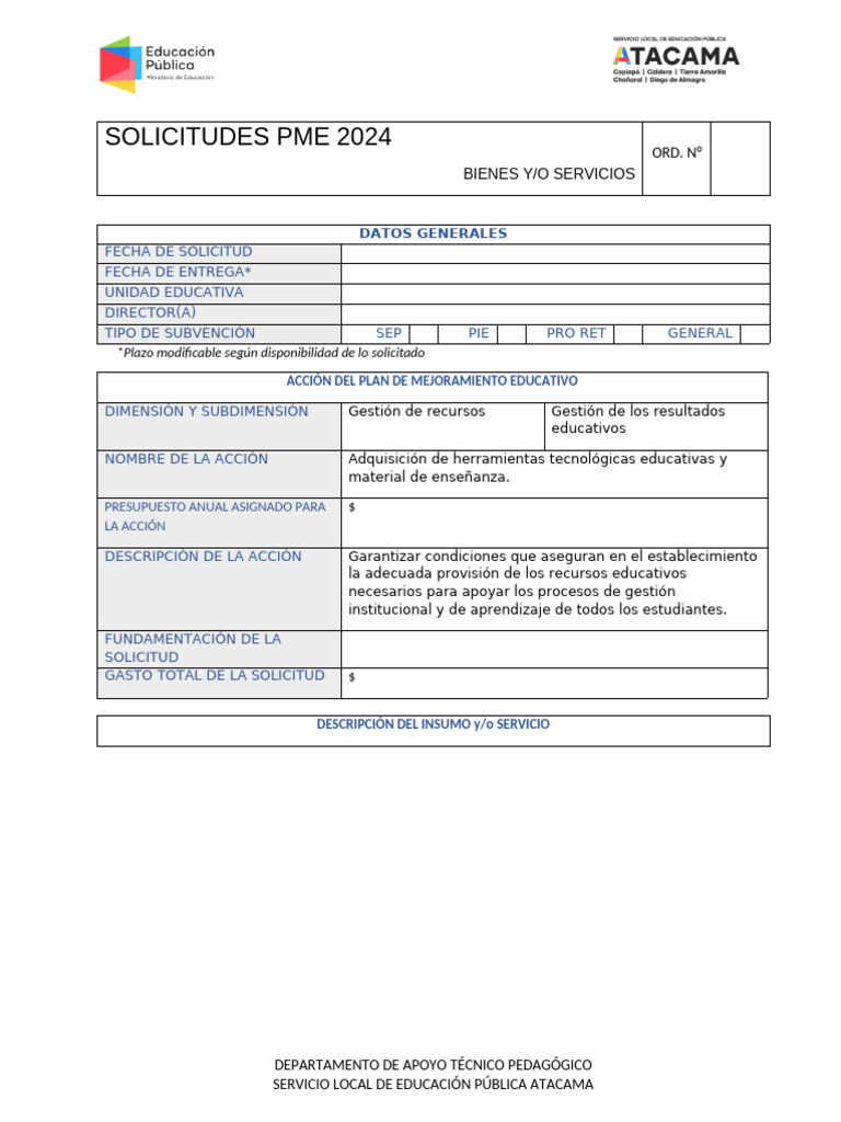 Formato Solicitud INSUMOS MATERIAL DE ENSEÑANZA SLEP 2024 | PDF ...